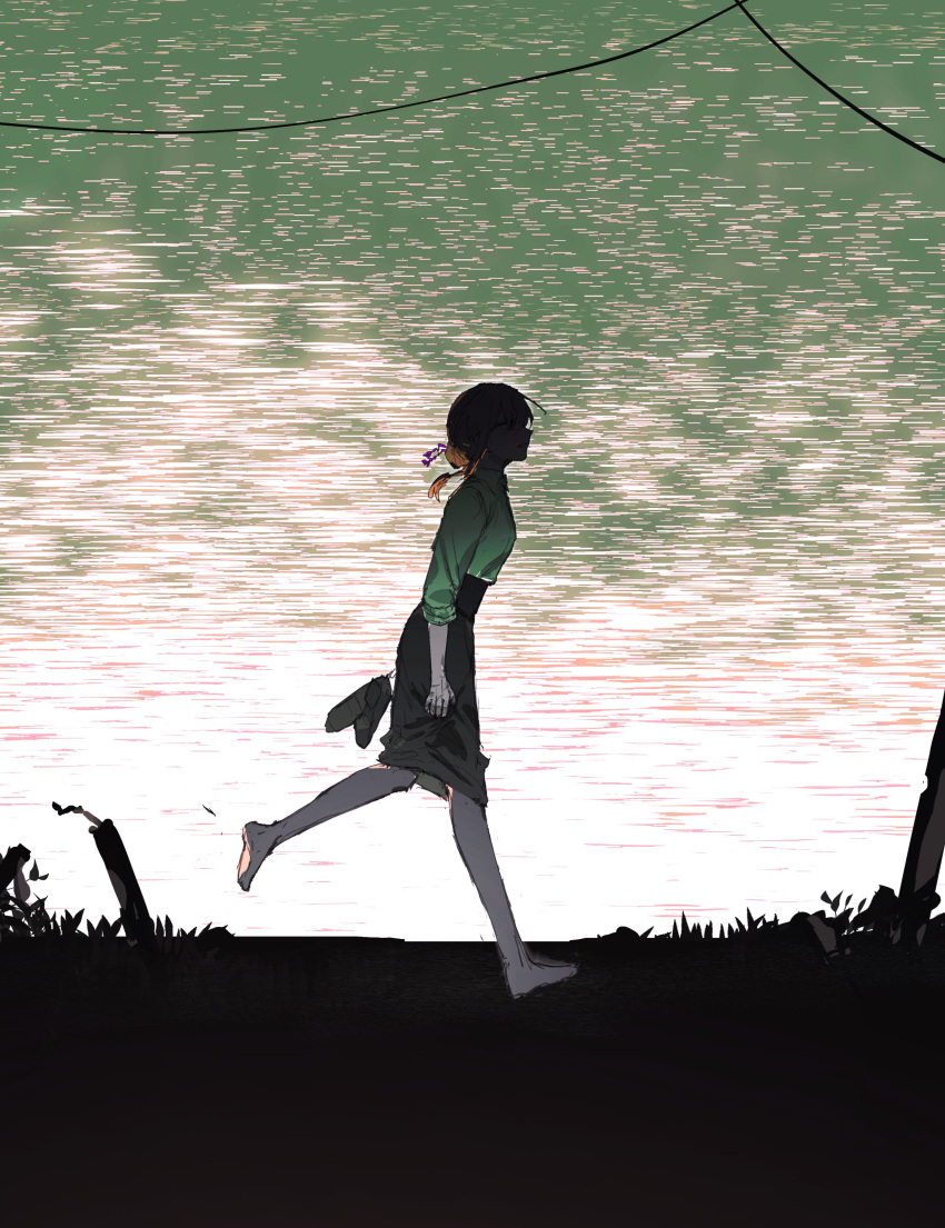 Safebooru - 1girl absurdres barefoot black skirt brown hair from side green shirt hair bun ...