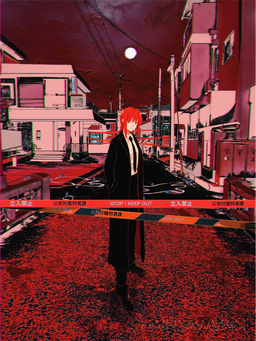 Safebooru - 1girl bangs black coat black necktie black pants braid braided ponytail caution tape ...
