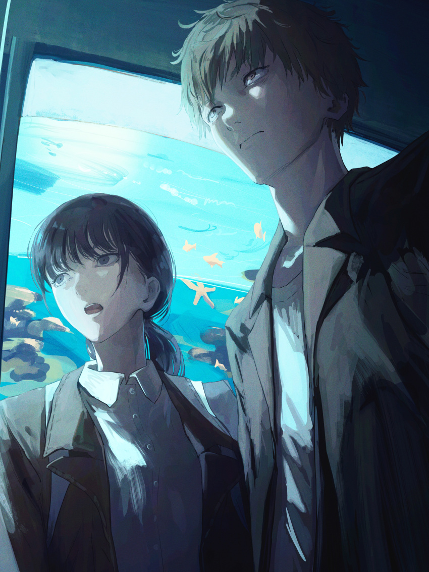 Safebooru - 1boy 1girl absurdres ao desu2222 aquarium backpack bag black hair black jacket ...