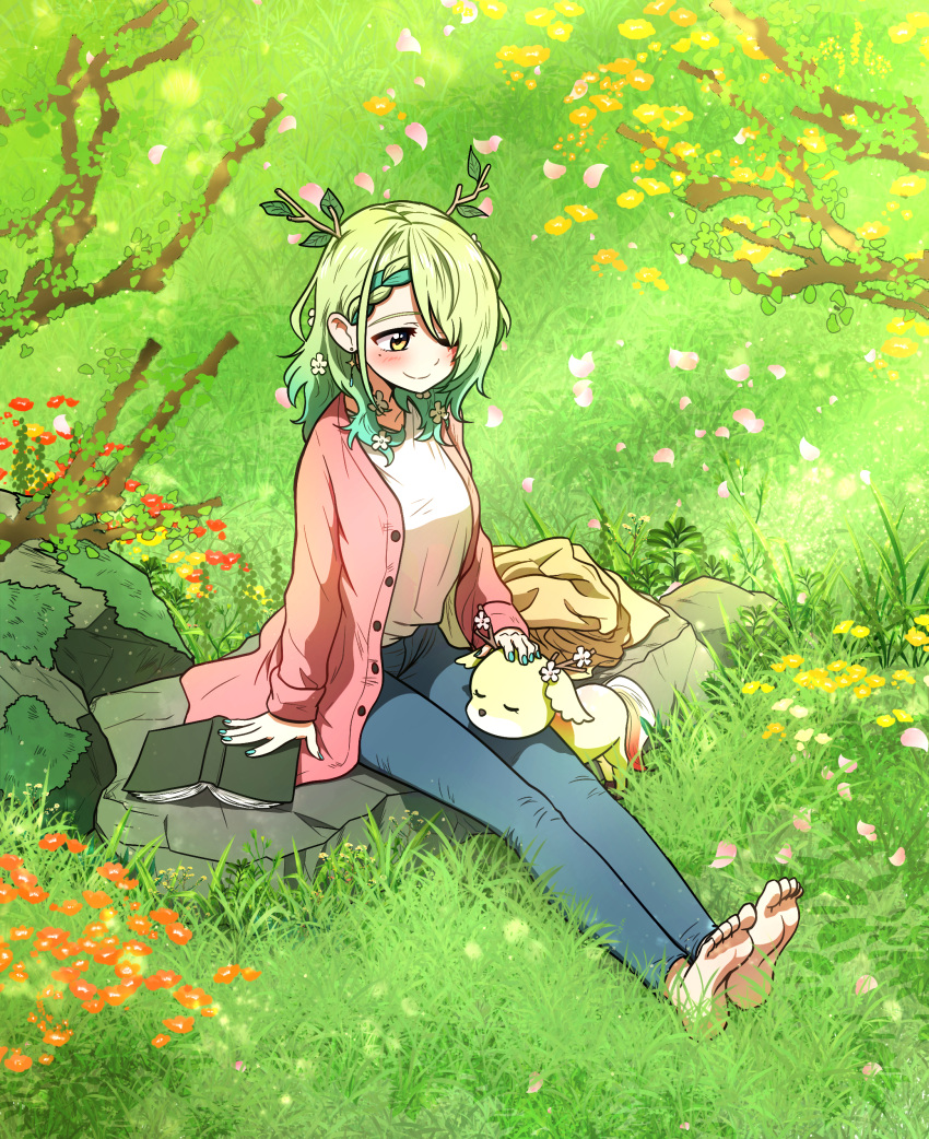 Safebooru - 1girl absurdres antlers barefoot blush ceres fauna commentary ddolbang denim ...