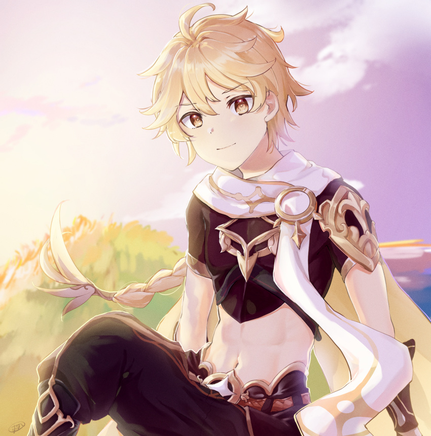 Safebooru - 1boy aether (genshin impact) ahoge armor blonde hair blue sky capelet day earrings ...