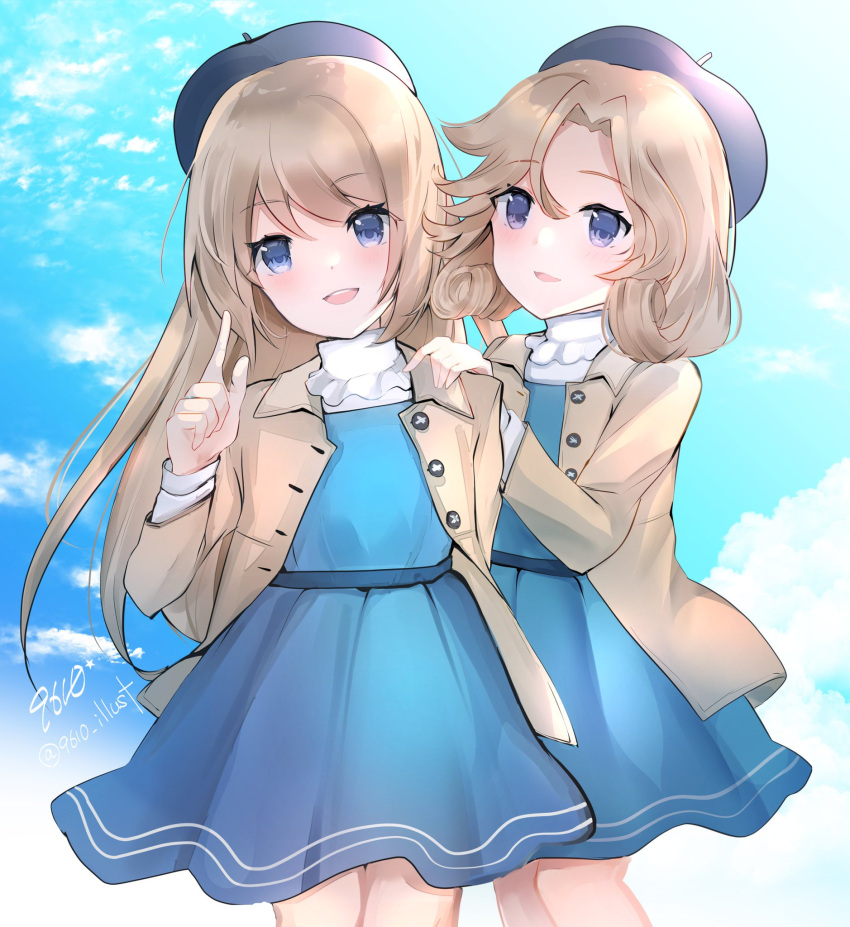 Safebooru - 2girls beret black headwear blonde hair blue dress blue eyes blush brown coat ...
