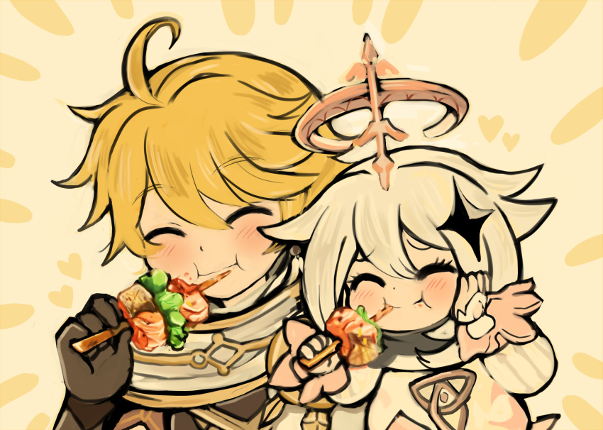 Safebooru - 1boy 1girl ^ ^ aether (genshin impact) ahoge blonde hair blush closed eyes dress ...