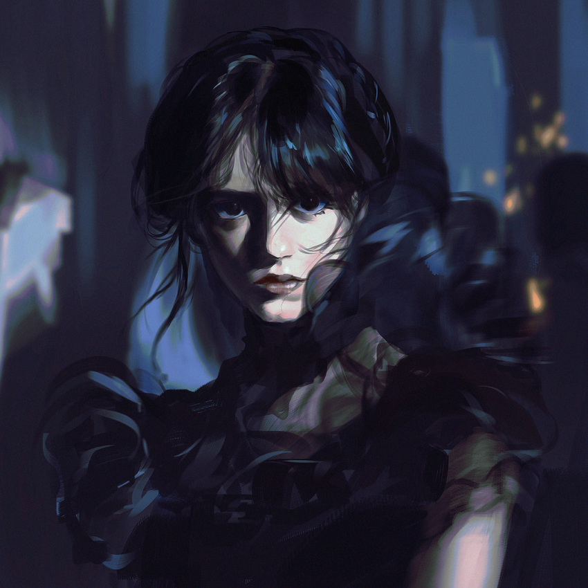 Safebooru - 1girl addams family bangs black dress black hair black nails blurry blurry ...