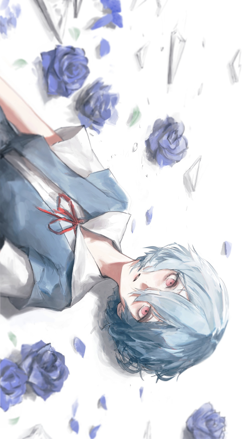 Safebooru - 1girl absurdres ayanami rei blue dress blue flower blue hair blue rose dress flower ...