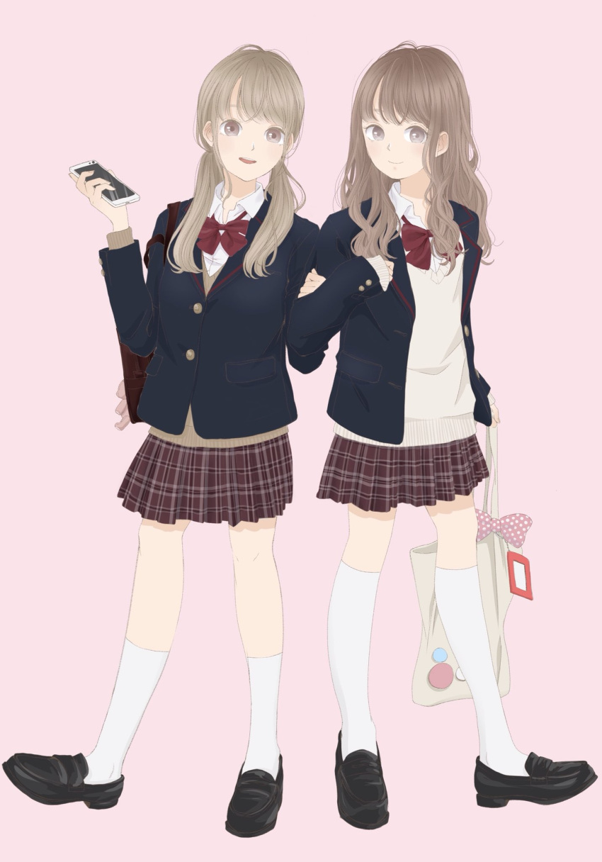 Safebooru - 2girls bag bangs black footwear blazer blue jacket bow bowtie brown cardigan brown ...