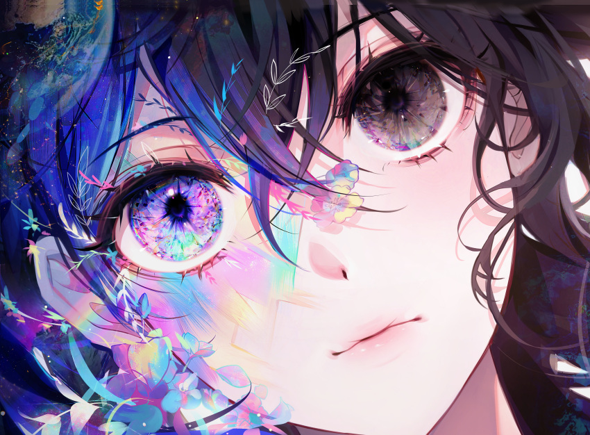 Safebooru - 1girl 58 (opal 00 58) bangs black eyes black hair blue hair close-up closed mouth ...