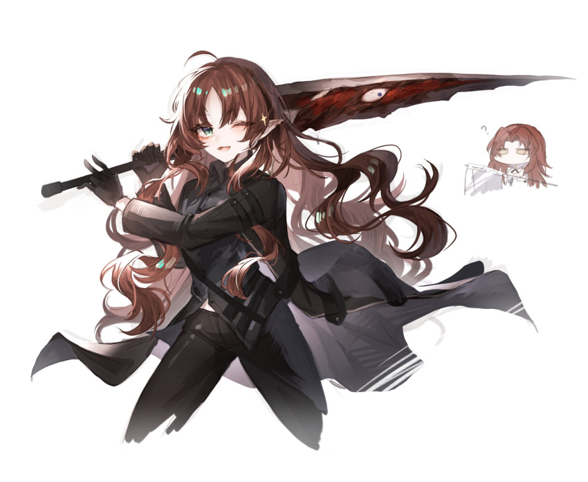 Safebooru - 1girl ? ahoge arknights arm strap black coat black gloves black pants black shirt ...