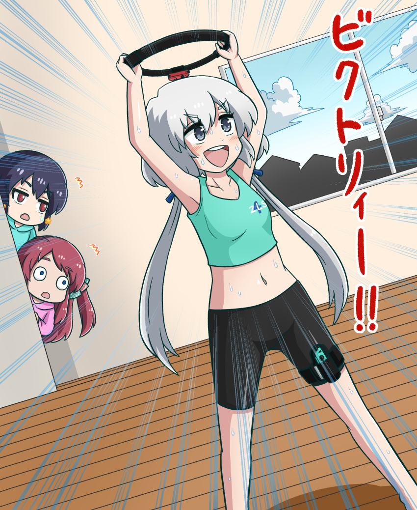 Safebooru - 3girls arms up bangs bike shorts blue eyes breasts check ...