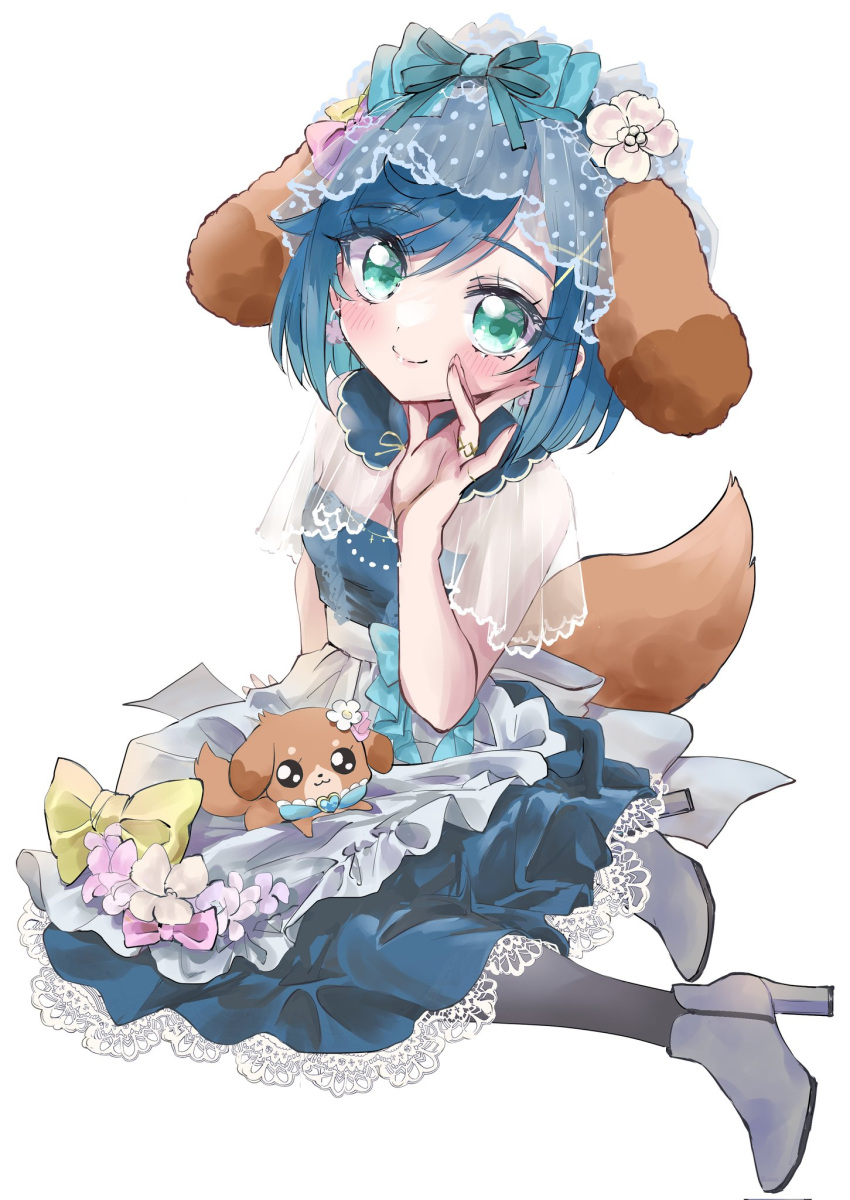 Safebooru - 1girl animal ears apron aqua eyes bangs blue dress blue hair blush bow commentary ...