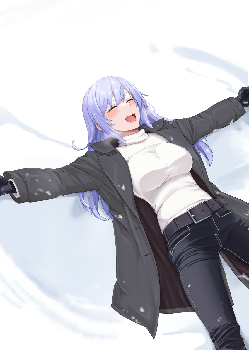 Safebooru - 1girl ^ ^ ^o^ absurdres belt black gloves blue hair blush breasts closed eyes coat ...