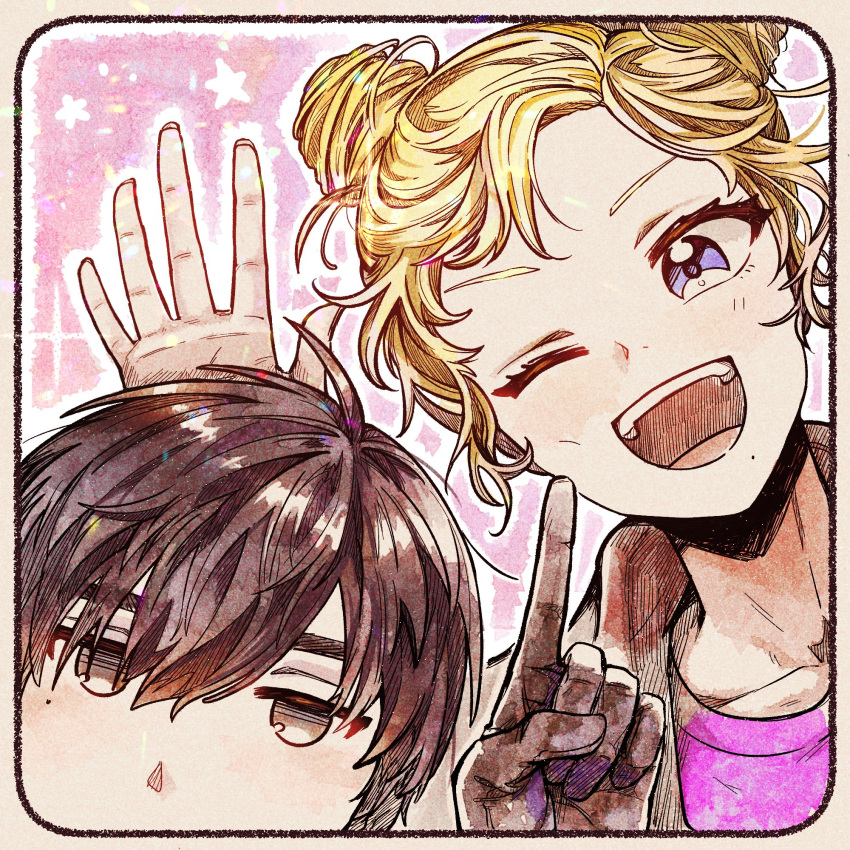 Safebooru - 1boy 1girl bangs black hair blonde hair blue eyes buried stars eunhyul han do-yoon ...