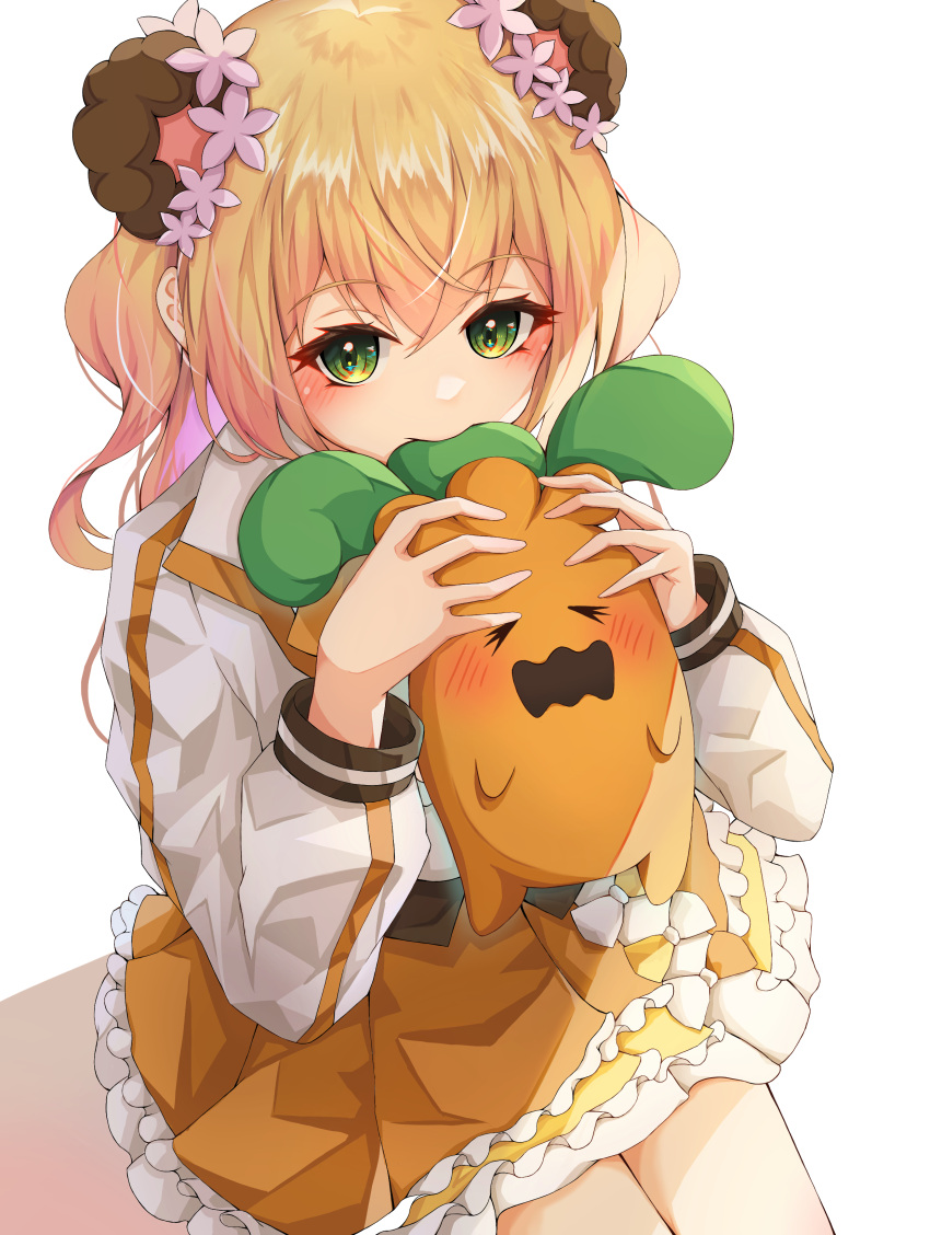 Safebooru - 1girl absurdres animal ears bangs biting blonde hair blush dress flower green eyes ...