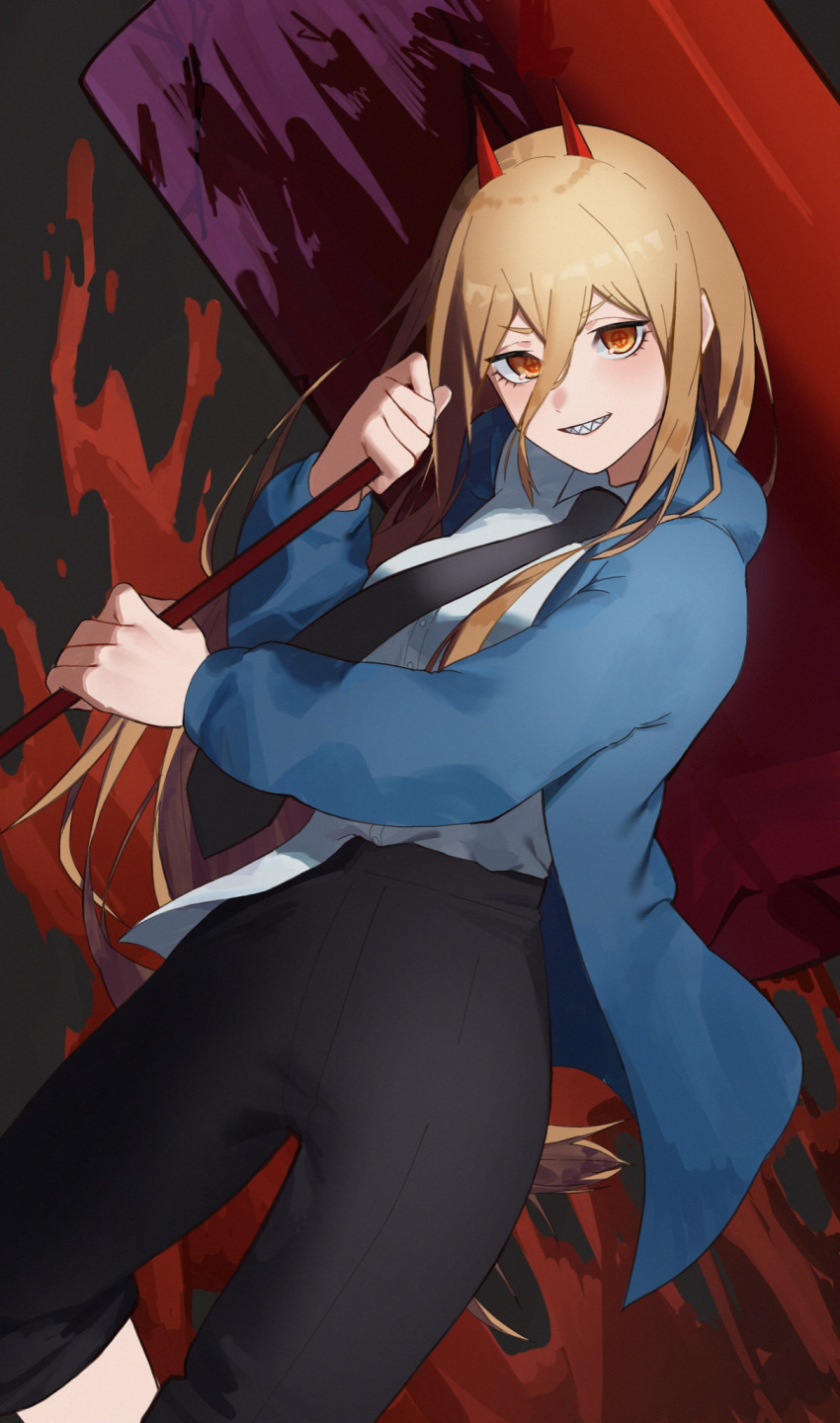 Safebooru - 1girl black necktie black pants blue hoodie chainsaw man collared shirt cross-shaped ...