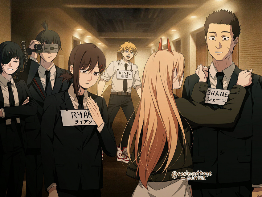 Safebooru - 3boys 3girls bangs black hair black jacket black necktie blonde hair brown hair ...