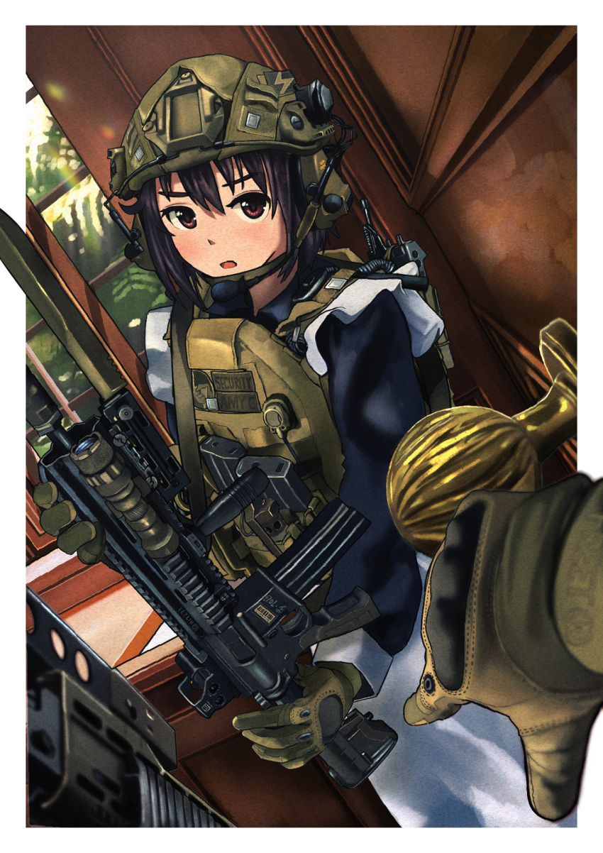Safebooru - 1boy 1girl assault rifle border brown eyes brown hair english text expressionless ...