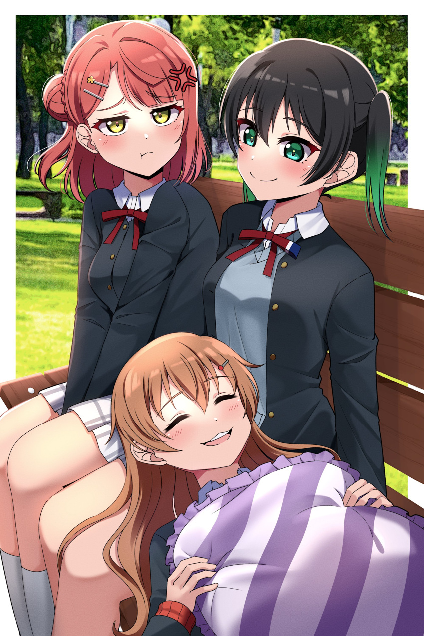 Safebooru - 3girls absurdres bangs bench black hair blush breasts closed eyes commentary ...