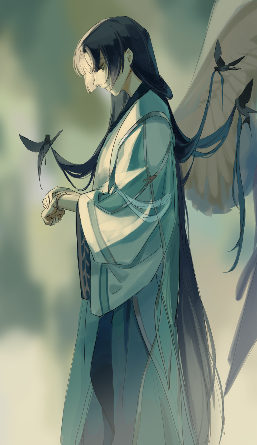 Safebooru - 1boy absurdres angel wings bird bishounen black hair chinese clothes hanfu highres ...