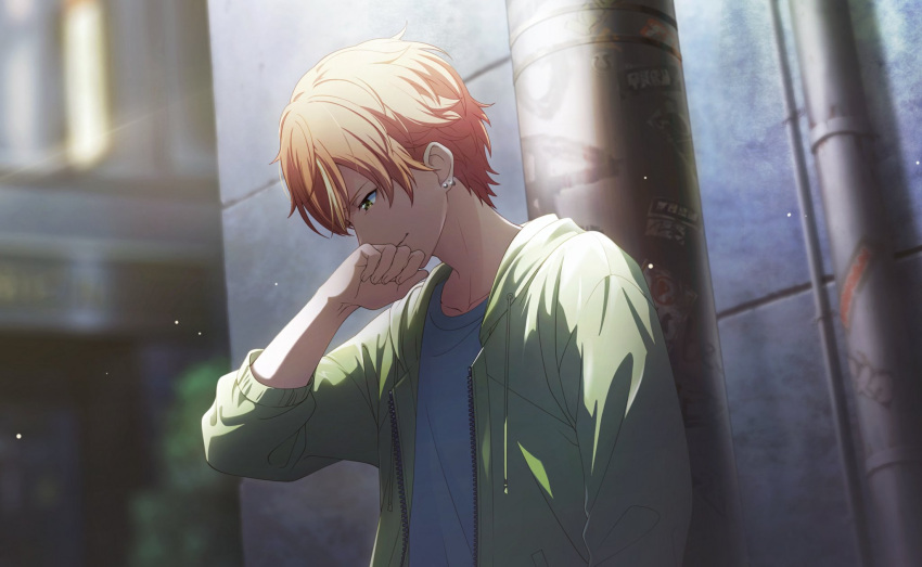 Safebooru - 1boy arm up blue shirt colorful palette earrings game cg ...