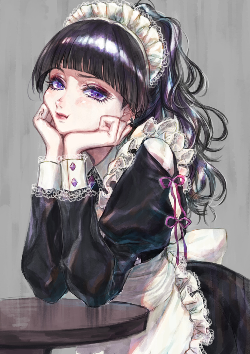 Safebooru - 1girl apron bangs black dress black hair cako asida closed mouth collared dress ...