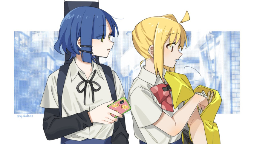 Safebooru - 2girls ahoge backpack bag bangs black ribbon blonde hair blue hair bocchi the rock ...