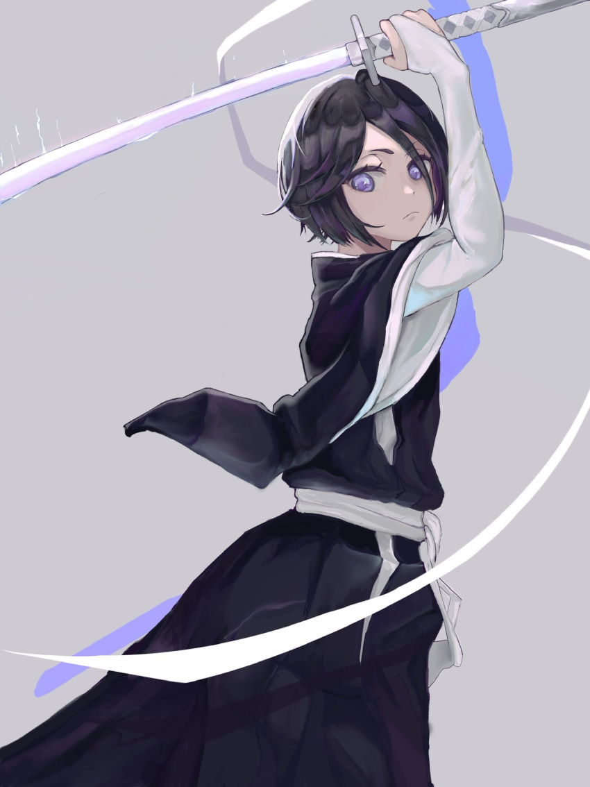 Safebooru - 1girl arm above head bangs black hair black kimono bleach grey background highres ...