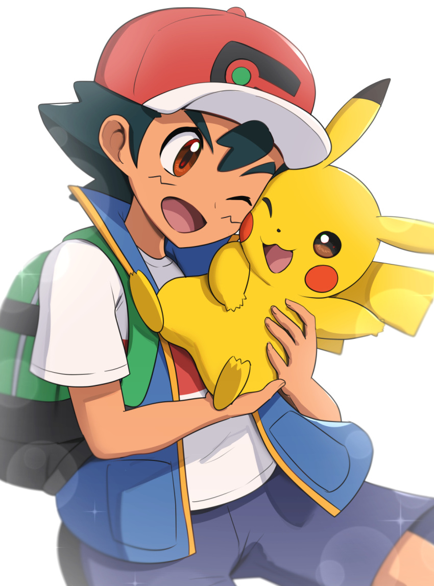 Safebooru - 1boy ;d ash ketchum backpack bag bangs baseball cap blue ...
