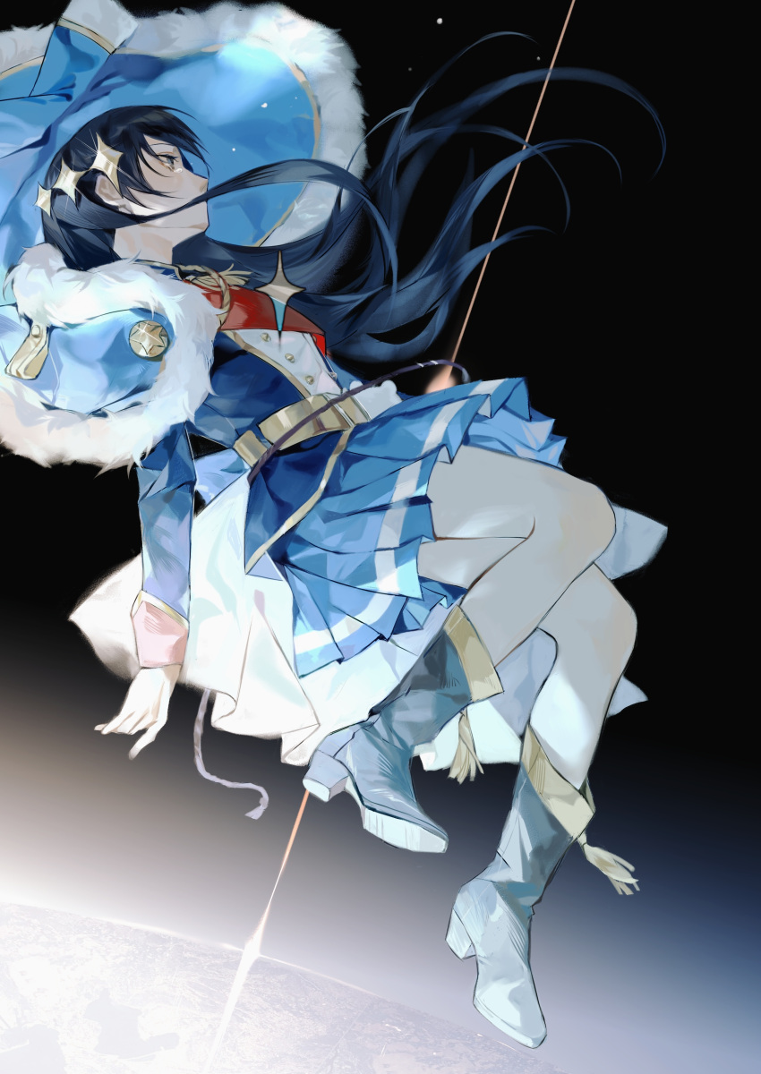 Safebooru - 1girl absurdres bangs belt black hair blue eyes blue jacket blue skirt boots full ...