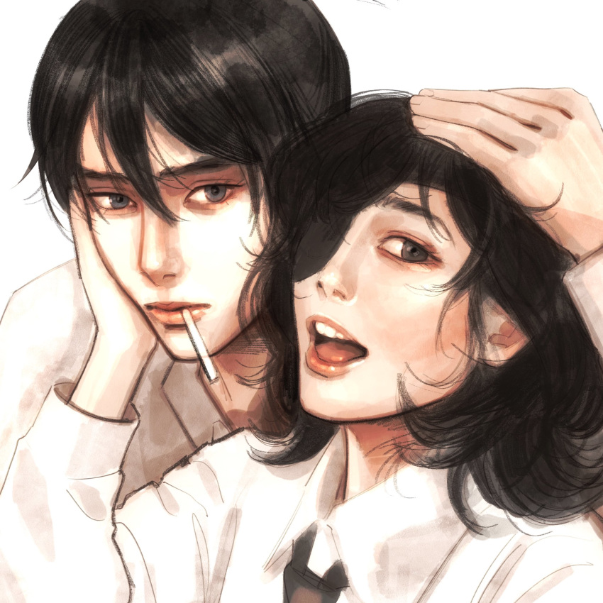 Safebooru - 1boy 1girl black necktie blue eyes chainsaw man cigarette eyepatch hair between eyes ...