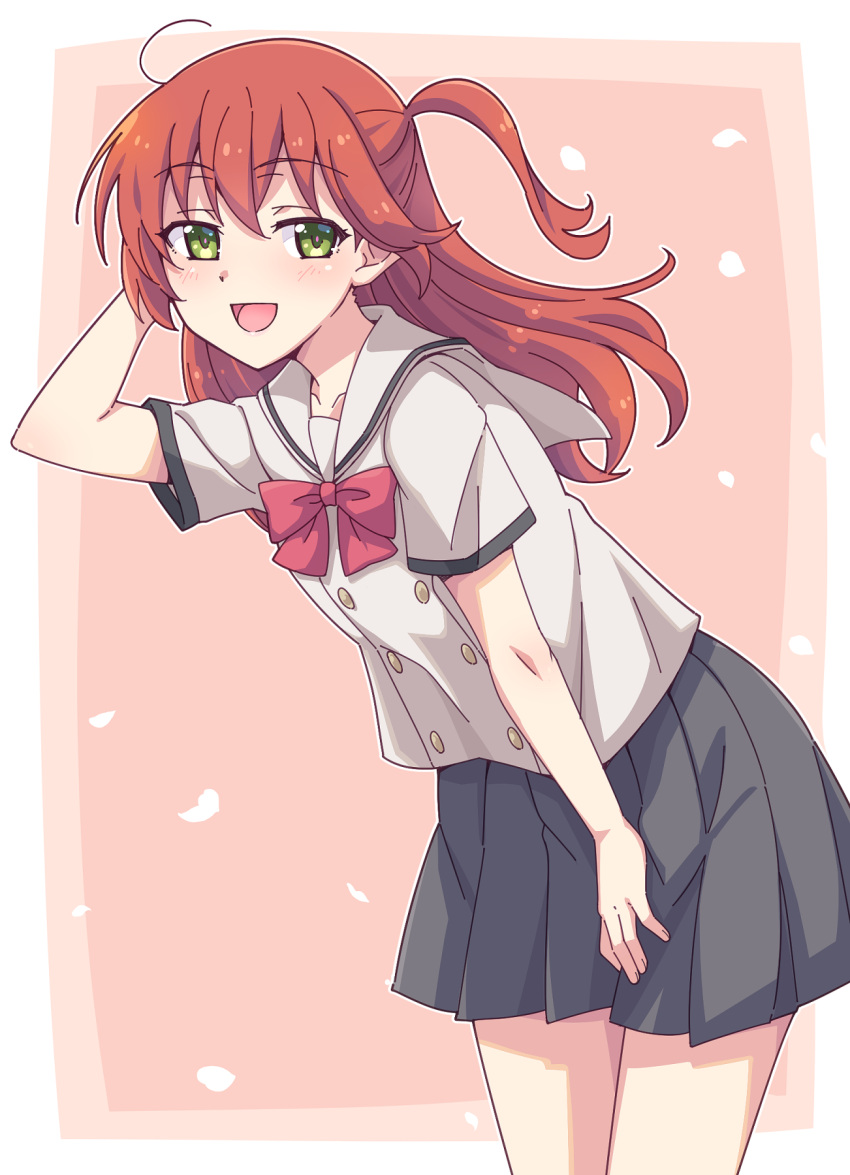 Safebooru - 1girl :d arm behind head arm up bangs black skirt blush bocchi the rock! bow e20 ...