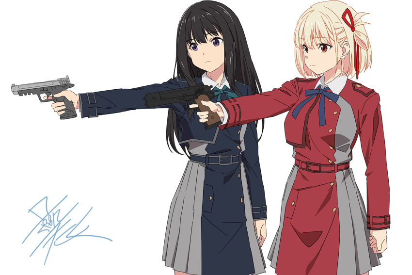 Safebooru - 2girls aiming arm up belt black hair blonde hair blue belt blue dress bob cut ...