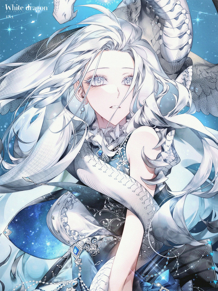 Safebooru - 1girl bare shoulders blue gemstone dragon dress ena (enaa97) gem glint grey eyes ...