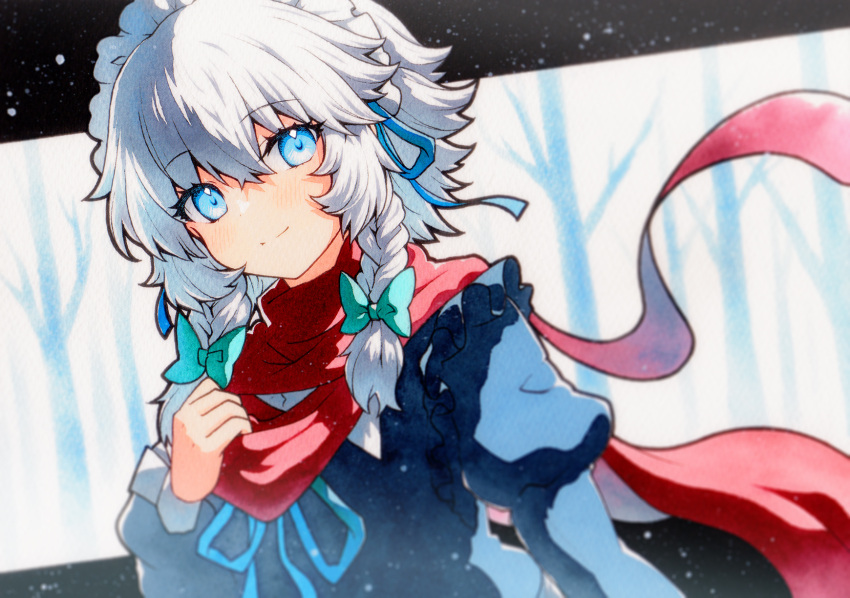 Safebooru - 1girl bangs bare tree blue eyes blue ribbon blue shirt bow ...