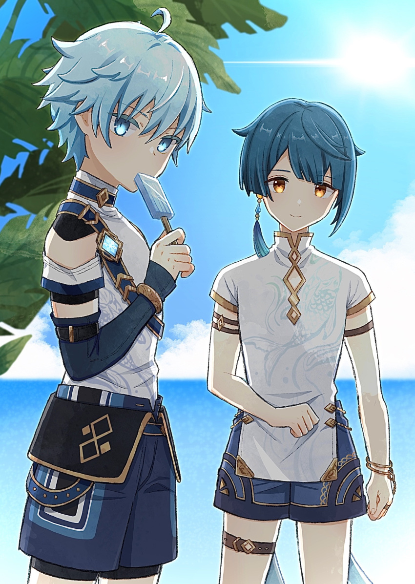 Safebooru - 2boys ahoge animal print asymmetrical bangs bangs bare shoulders bishounen blue eyes ...