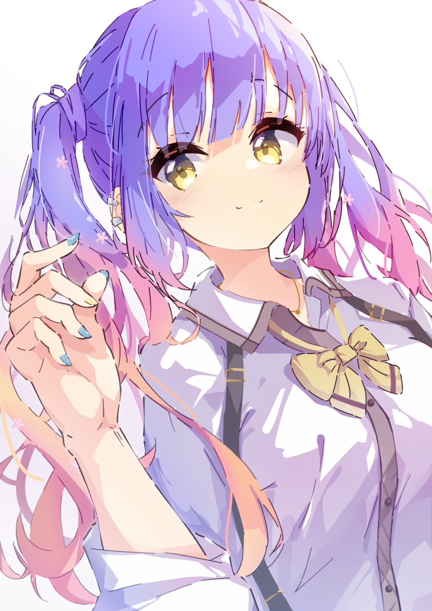 Safebooru - 1girl absurdres bangs blue hair blue nails blunt bangs blush bow bowtie earrings ...