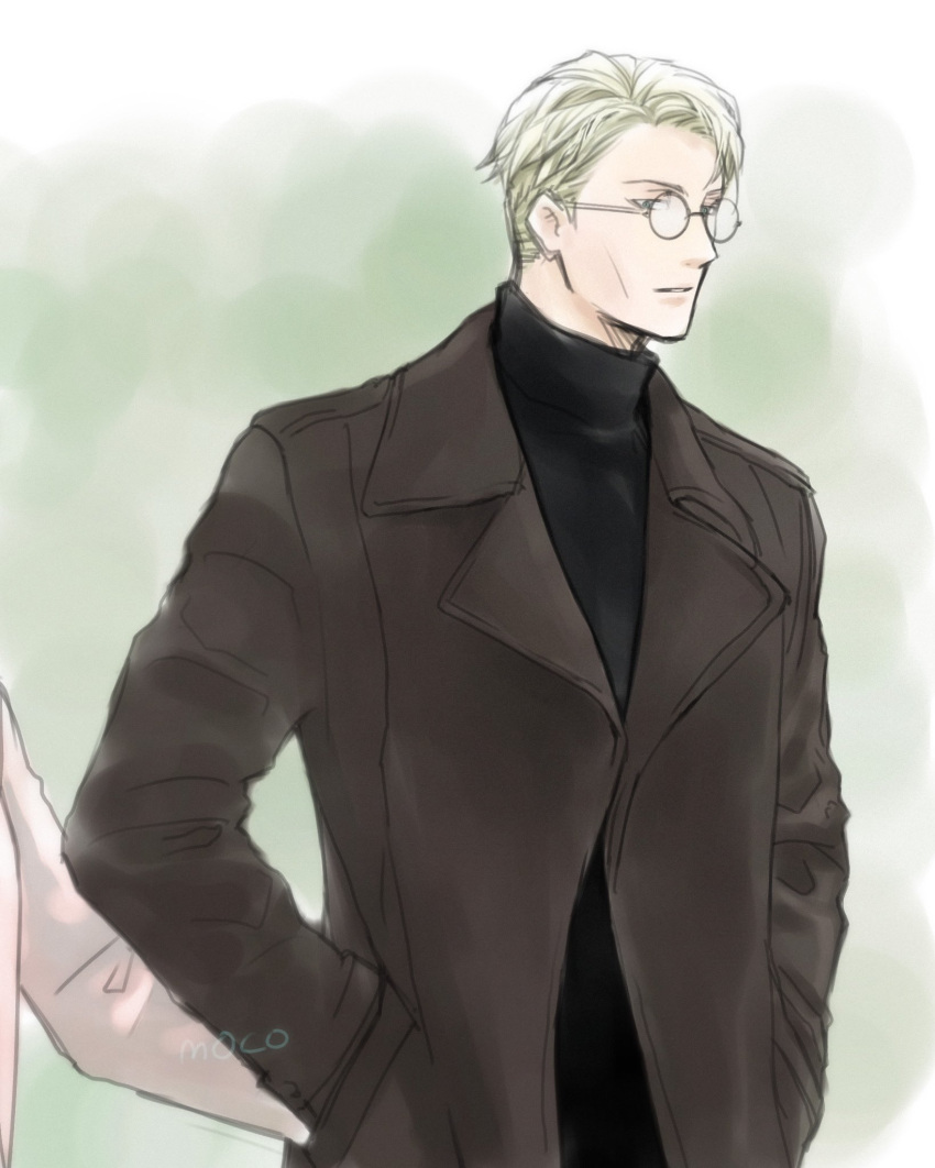 Safebooru - 1boy black sweater blonde hair brown coat coat disembodied limb glasses hand in ...