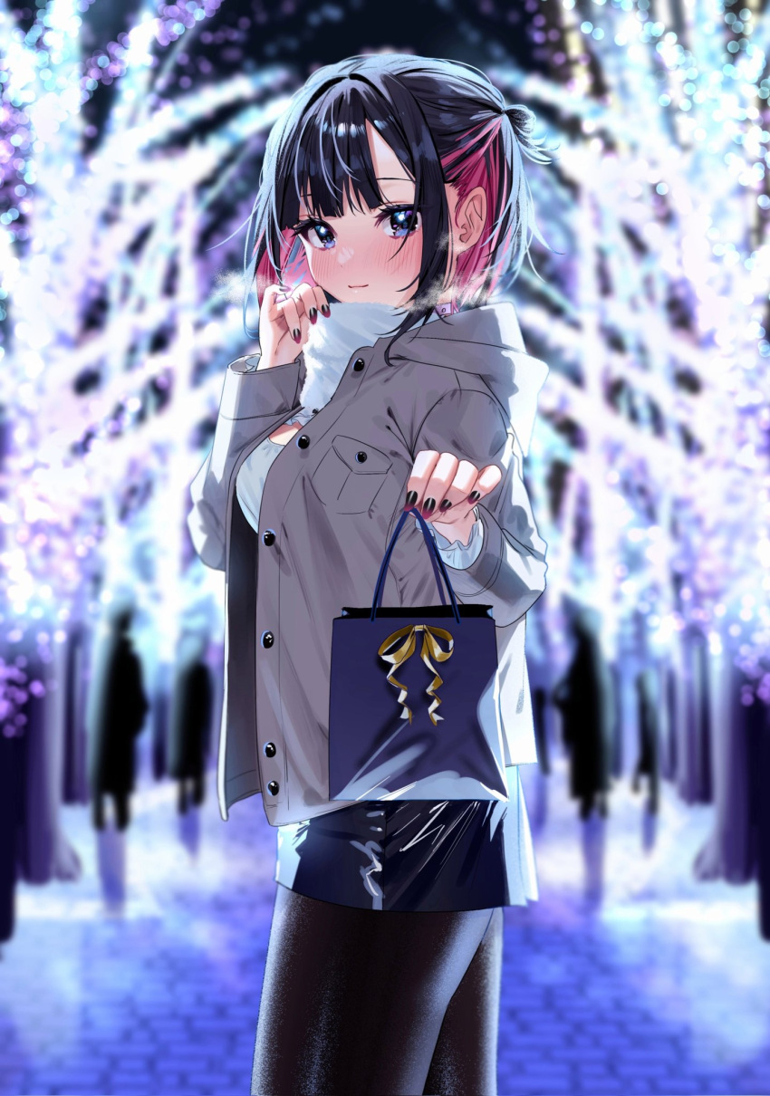 Safebooru - 1girl bag bangs black hair black nails black pantyhose ...