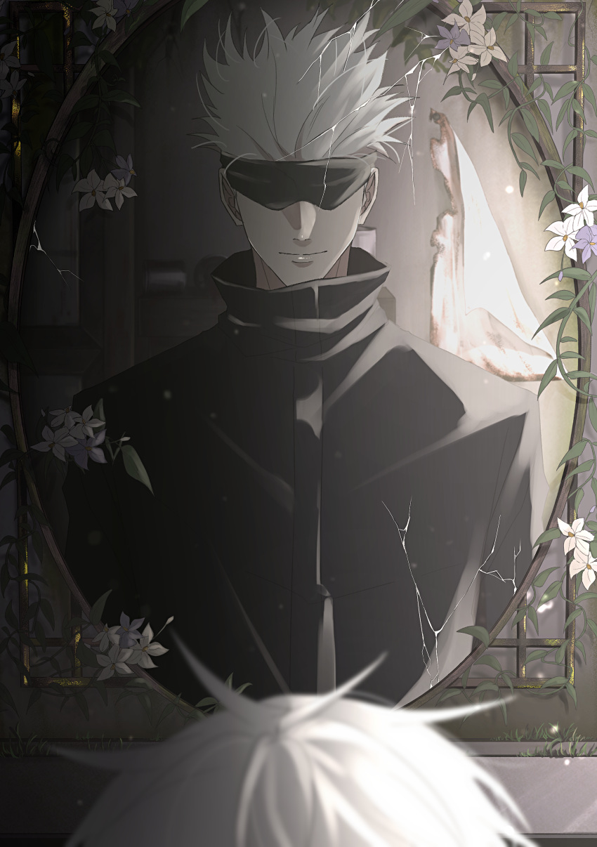 Safebooru - 1boy absurdres black coat closed mouth coat covered eyes flower gojou satoru highres ...