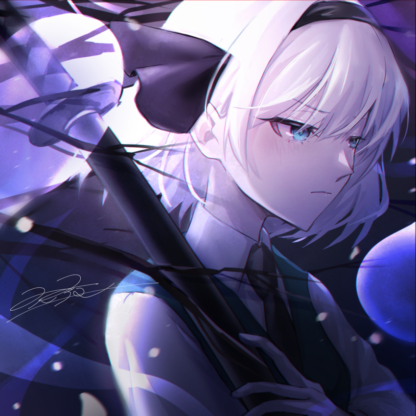 Safebooru - 1girl black hairband black ribbon blue eyes blush closed mouth collared shirt green ...