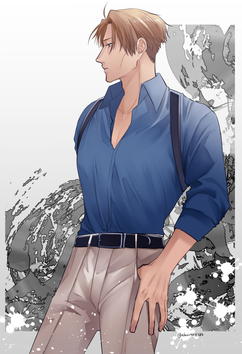 Safebooru - 1boy belt black belt blonde hair blue shirt chachashima collared shirt cowboy shot ...