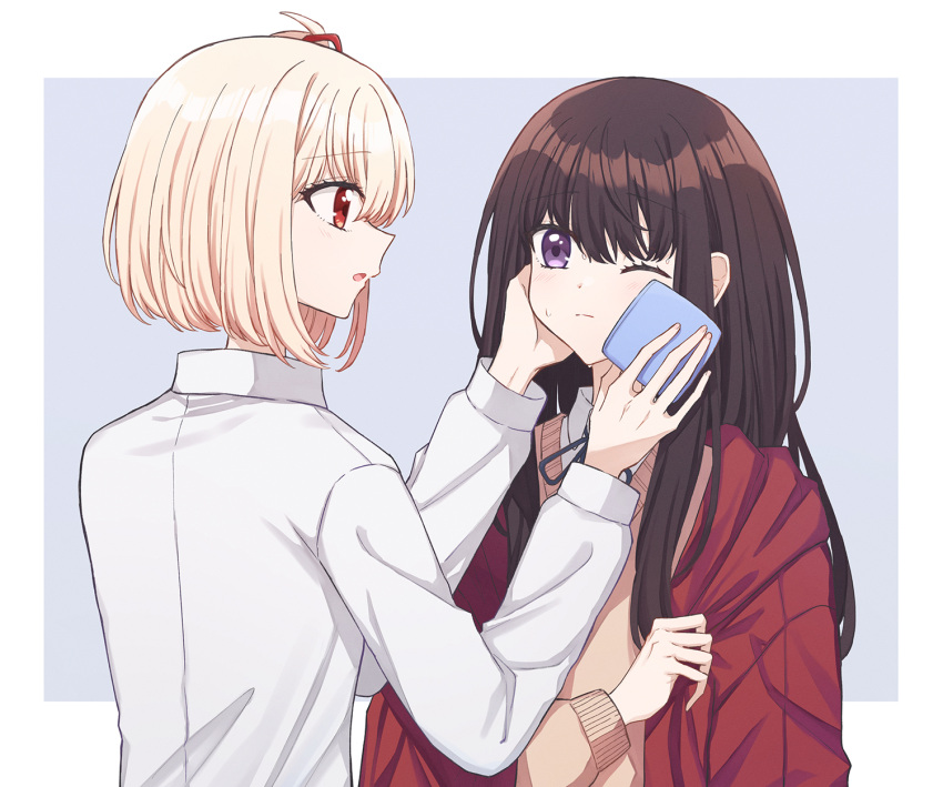 Safebooru - 2girls bangs black hair blonde hair blue ribbon bob cut commentary request hair ...