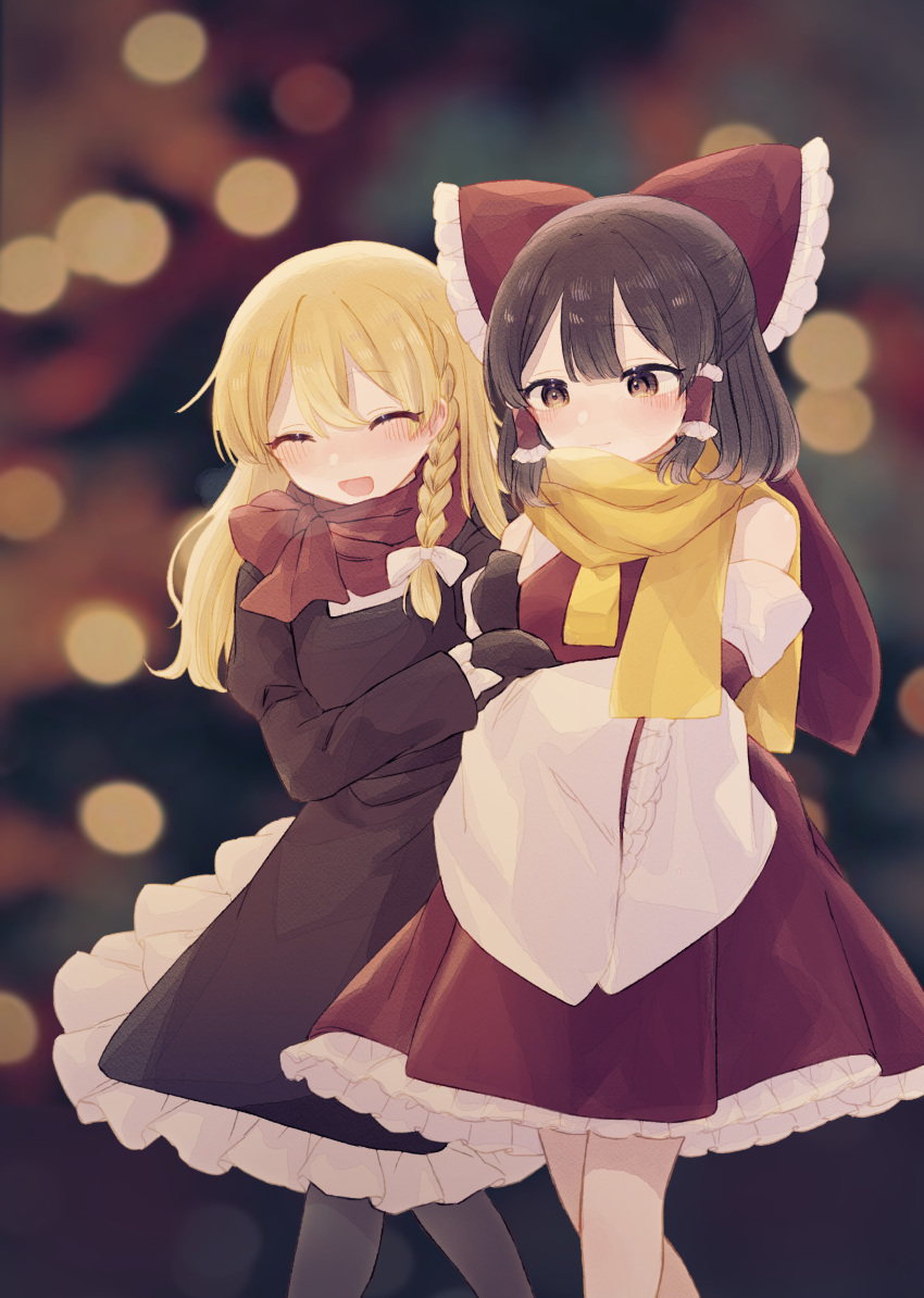 Safebooru - 2girls absurdres bare shoulders black dress blonde hair blush bow braid brown eyes ...