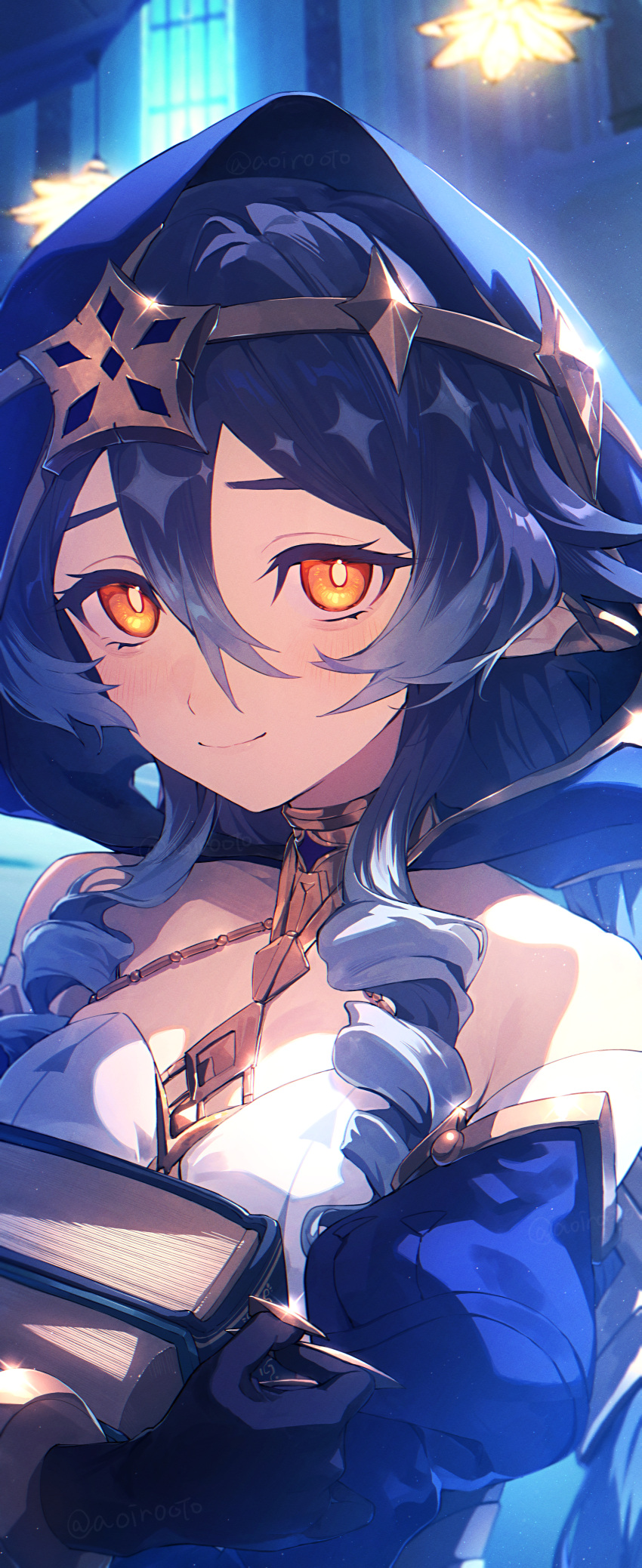 Safebooru - 1girl absurdres aoppoi oto bangs bare shoulders black gloves blue hair blue hood ...