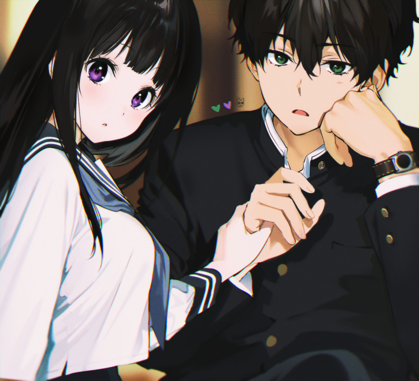 Safebooru - 1boy 1girl :o artist logo bangs black hair black jacket black sailor collar blurry ...