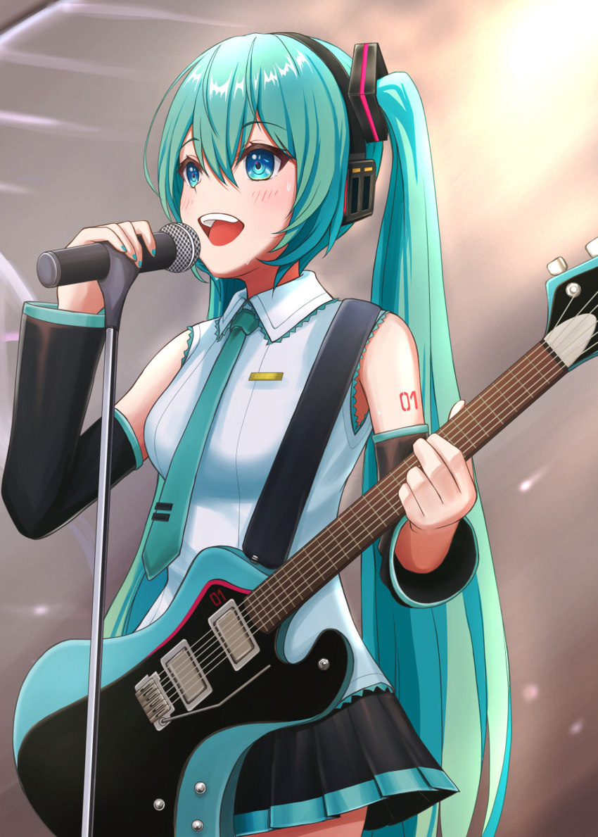 Safebooru - 1girl aqua eyes aqua hair bangs blue eyes detached sleeves electric guitar grey ...