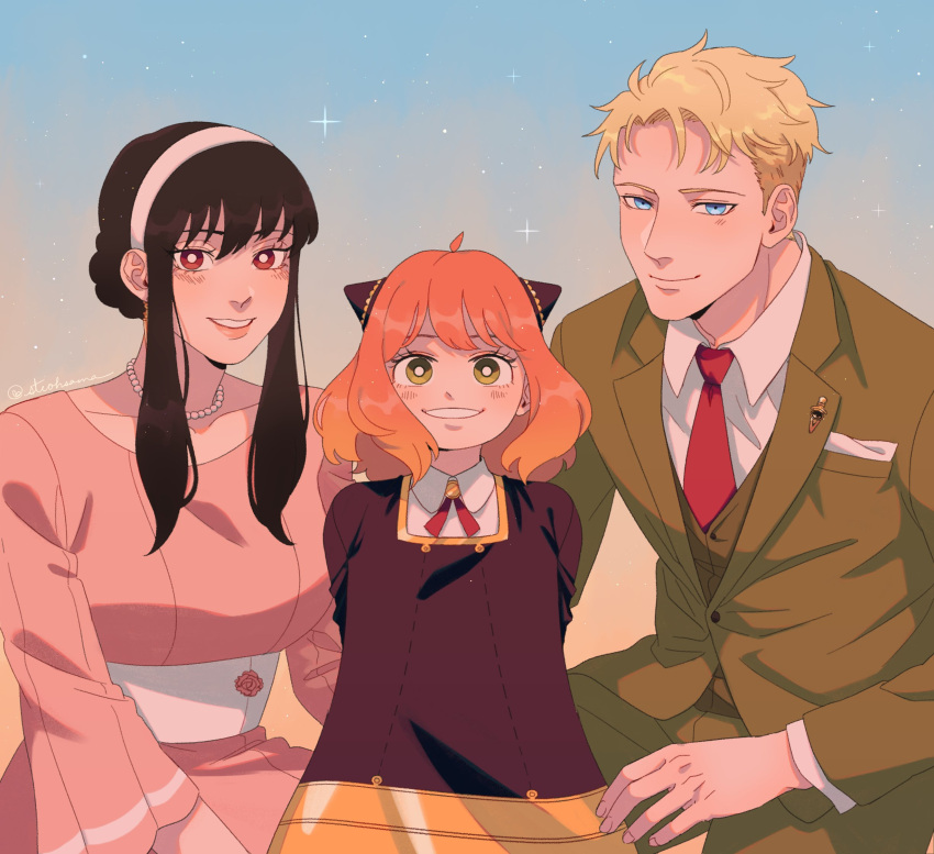 Safebooru - 1boy 2girls anya (spy x family) bangs black dress black hair blonde hair blue eyes ...