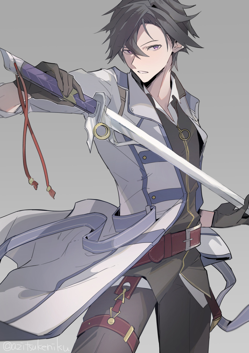Safebooru - 1boy black hair coat eiyuu densetsu gloves grey background ...