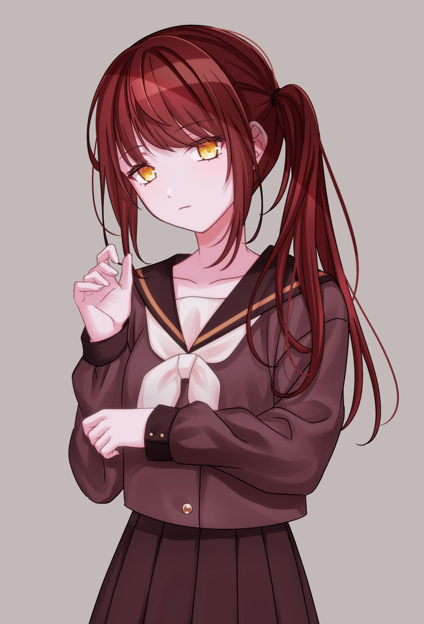 Safebooru - 1girl absurdres brown shirt brown skirt grey background hair between eyes highres ...