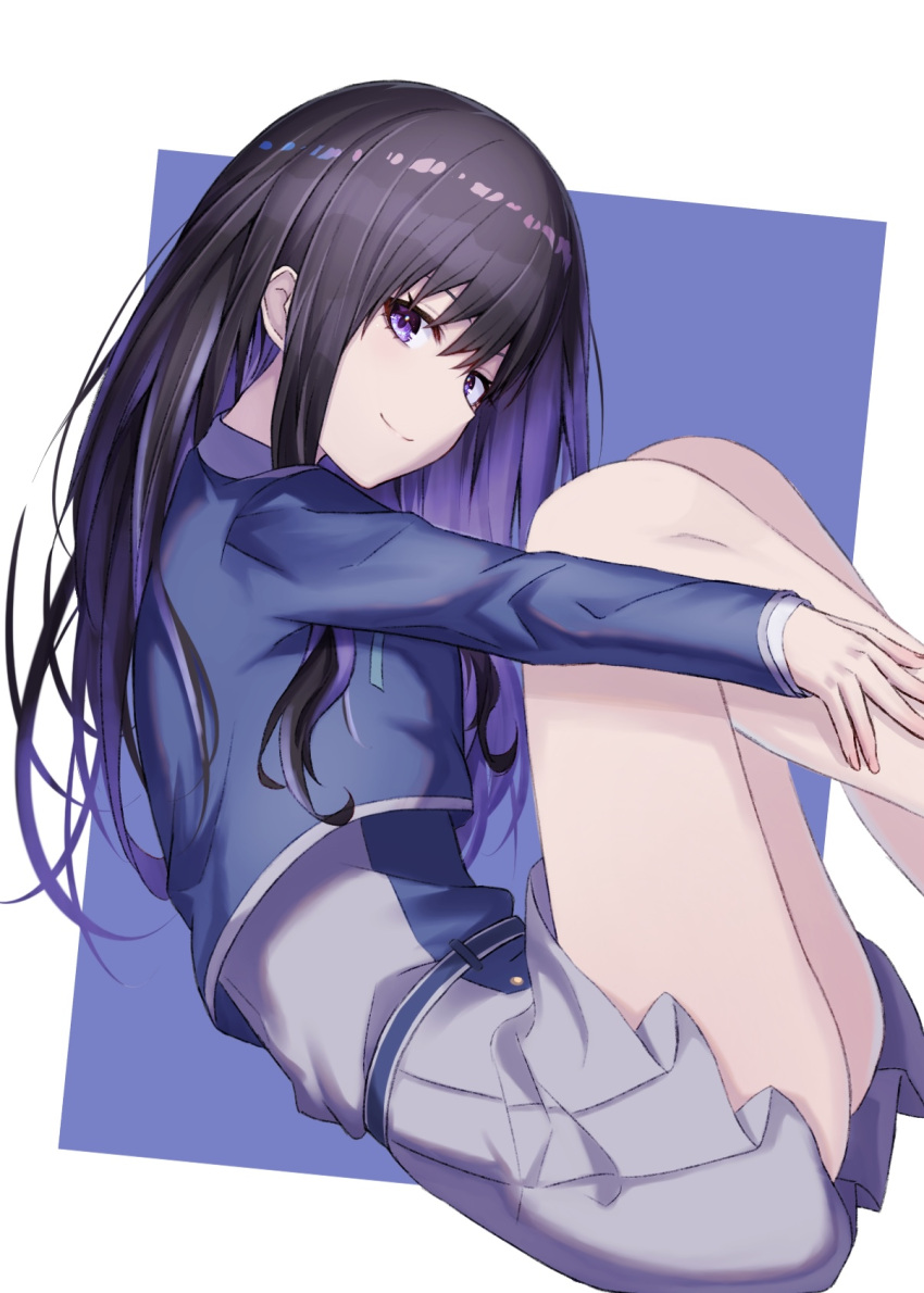 Safebooru - 1girl bangs bare legs black hair blue collar blue jacket collar crossed legs dande ...