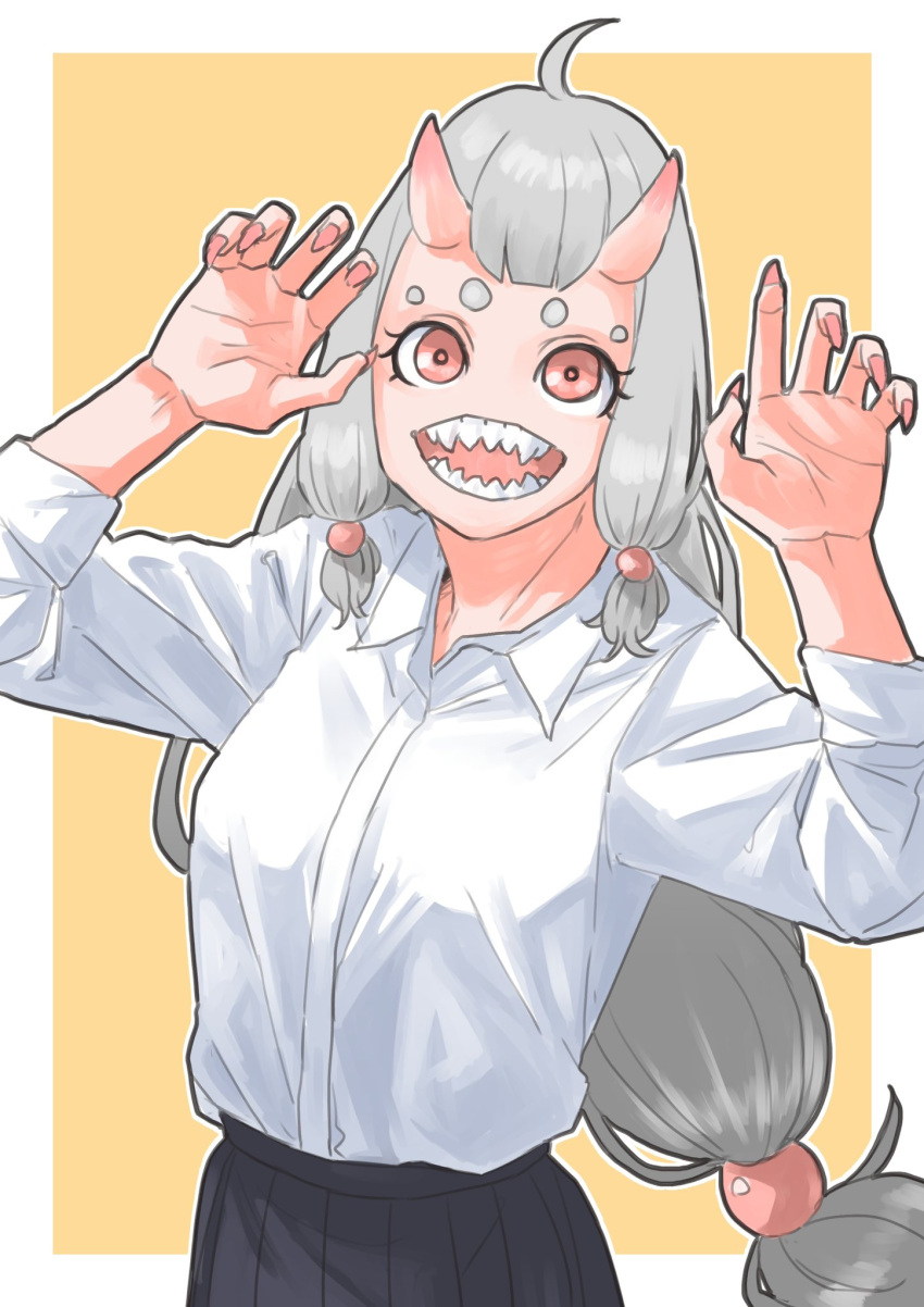 Safebooru - 1girl ahoge arms up black skirt brown eyes character request claw pose grey hair ...